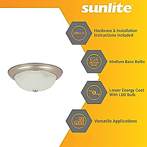 Sunlite 04591 15-Inch Traditional Dome Ceiling Light, Classic Decorative Flush Mount Fixture, Alabaster Glass Shade, 3-60W A19 Bulbs (Not Included), For Bedrooms, Hallways & Bathrooms, Brushed Nickel