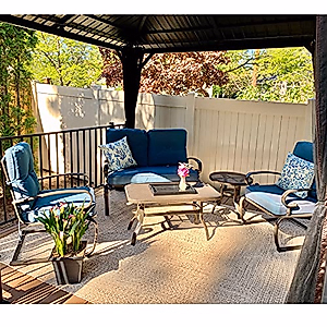 Oakmont 5Pcs Outdoor Patio Furniture Conversation Sets (Loveseat, Coffee Table and Bistro Table, 2 Spring Chair) -Wrought Iron Chair Set with Peacock Blue Cushions