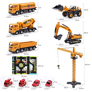 skirtoy Kids Construction Vehicles Playset with Playmat, 18" Crane Toy, 10" Excavator, Tractor, Dump Truck, Cement, 4 Firetrucks, Educational Engineering Toy Set Birthday Gift for Toddler Boy 3+