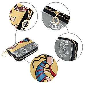 Native American kokopelli Grey Credit Card Coin wallet, RFID Blocking Compact Women Leather Card Holder, Key Change Organizer, Zipper Purse Clutch Pouch Pocket
