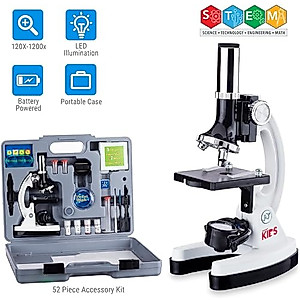 AmScope 120X-1200X 52-pcs Beginner Microscope STEM Kit with Metal Body Microscope, Plastic Slides, LED Light and Carrying Box (M30-ABS-KT2-W),White
