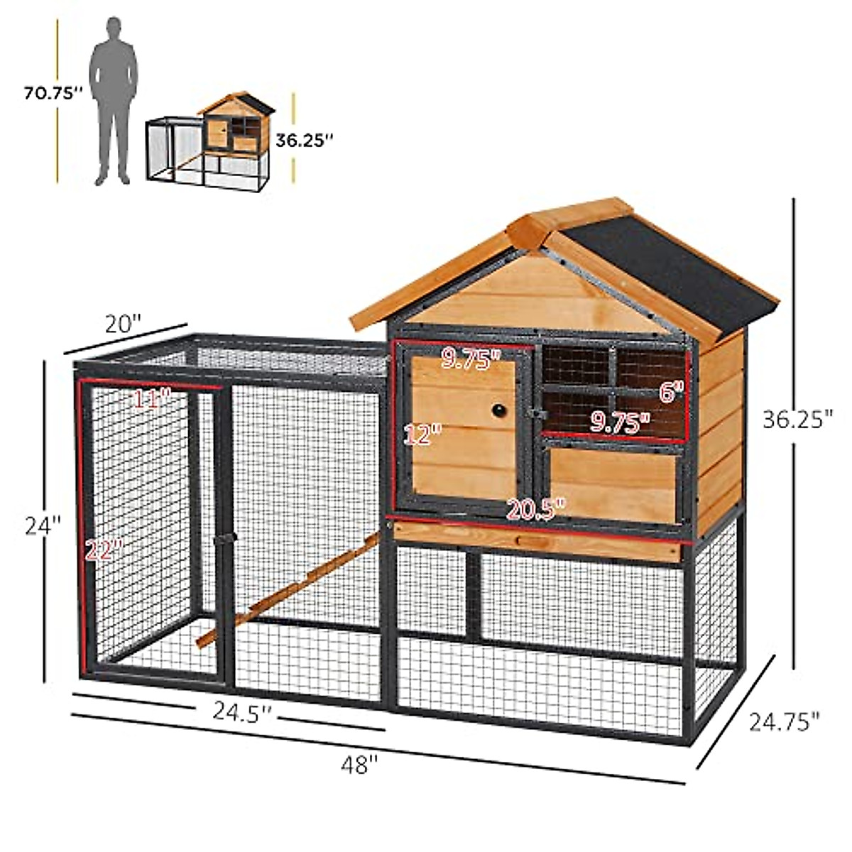 PawHut 2-Level Rabbit Hutch Bunny House with Weatherproof Hinged Asphalt Roof, Removable Tray and Ramp for Outdoor