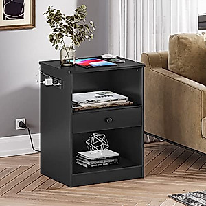 EPHEX Set of 2 Nightstand with Charging Station and Drawer, End Side Table with USB Ports & Power Outlet, Bedside Table Storage Cabinet with 2 Open Drawers for Bedroom, Black
