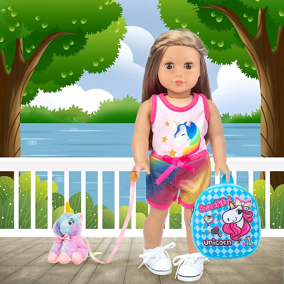 K.T.Fancy 7 PCS 18 inch Dolls Bag Carrier Set and Accessories Including 18 Inch Doll Clothes, Shoes, Sunglasses, Doll Backpack and Toy Unicorn (NO Doll)