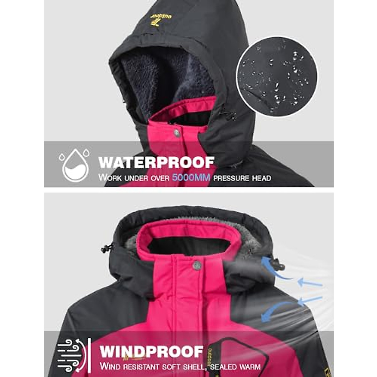 TBMPOY Women's Warm Winter Coats Waterproof Windproof Snow Jackets Insulated Fleece Rain Jacket for Skiing Outdoor Rose S