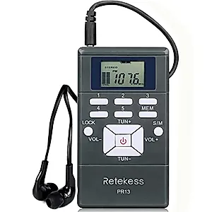 Retekess PR13 Portable FM Radio, Pocket FM Radio Receiver, AAA Battery Powered Personal Mini Stereo Radio with Earphone and Lock Key for Walking, Jogging, Mowing, Church, Tour Guide (Gray)