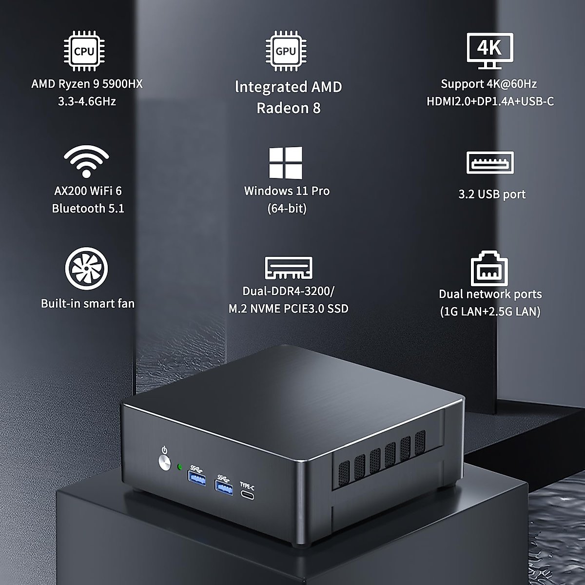 Kinupute Mini PC with Ryzen 9 5900HX Upto 4.6GHz, Desktop Computer with 64G DDR4, 1T M.2 NVME SSD, Windows 11 Pro, , DP/HDMI/USB-C Port, 4K@60Hz Triple Display, Dual LAN, 1x2.5G LAN, WiFi 6/BT5.1
