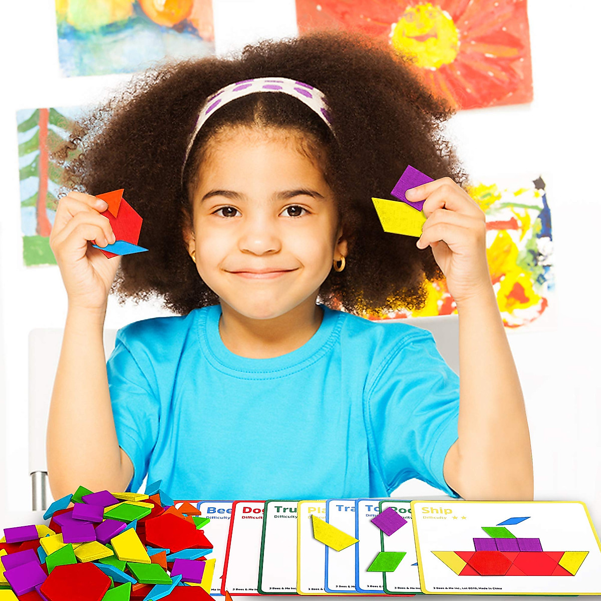 3 Bees & Me Wooden Pattern Blocks - Fun Montessori Learning Toys for Ages 3 to 9 - Tangram Shapes Puzzle Set with 155 Pieces