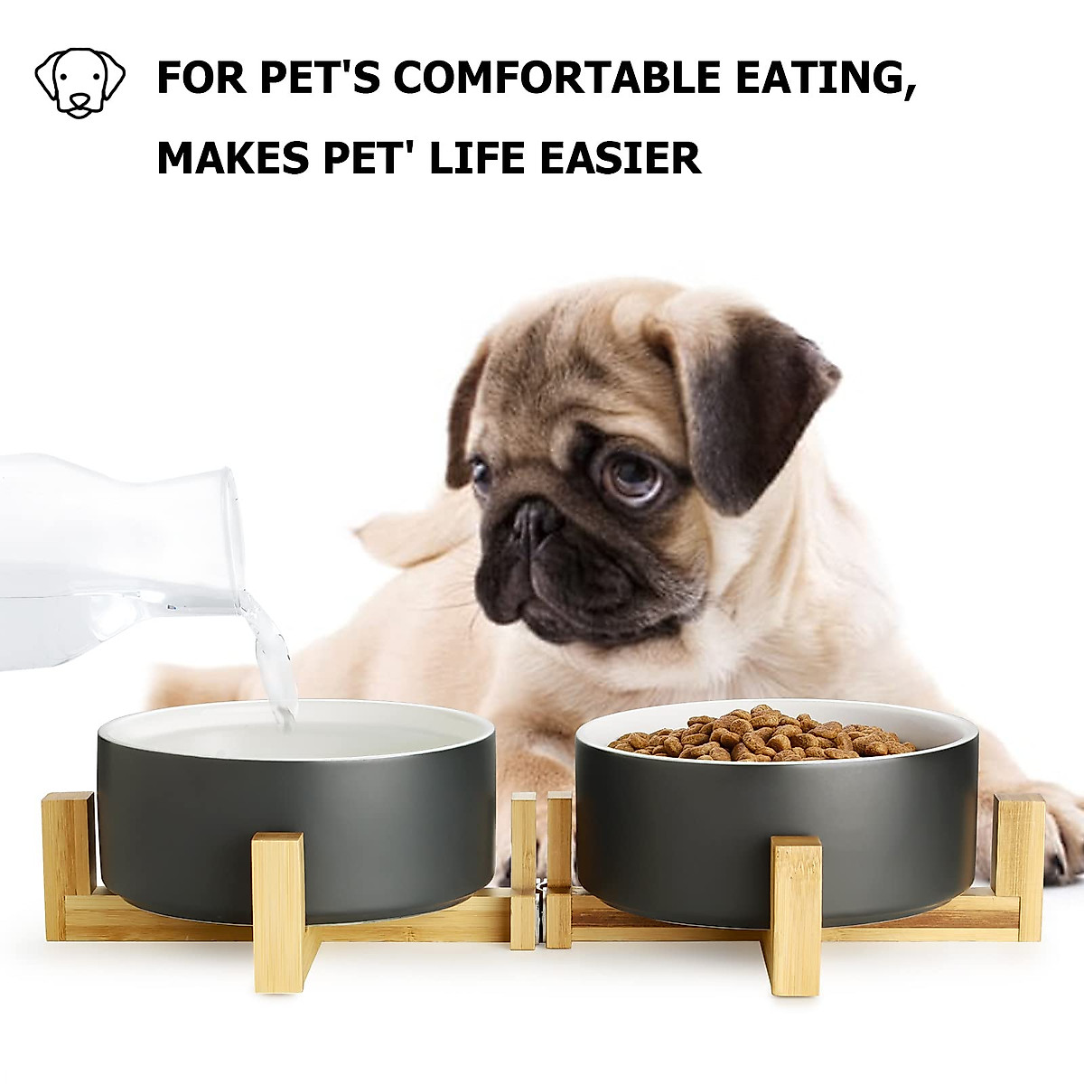 Y YHY Ceramic Dog Bowls, 32 Oz, Matte Black, Bamboo Stand, Suitable for Multiple Pets