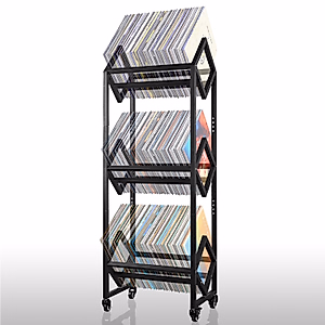 WIMART Record Holder, 2 Tiers Vinyl Record Storage Rack Shelf Holder, Album Display Stand for Home, Office with Sand Black Powder Coated High End Design with Casters Easy to Move, 160-200 LP Storage