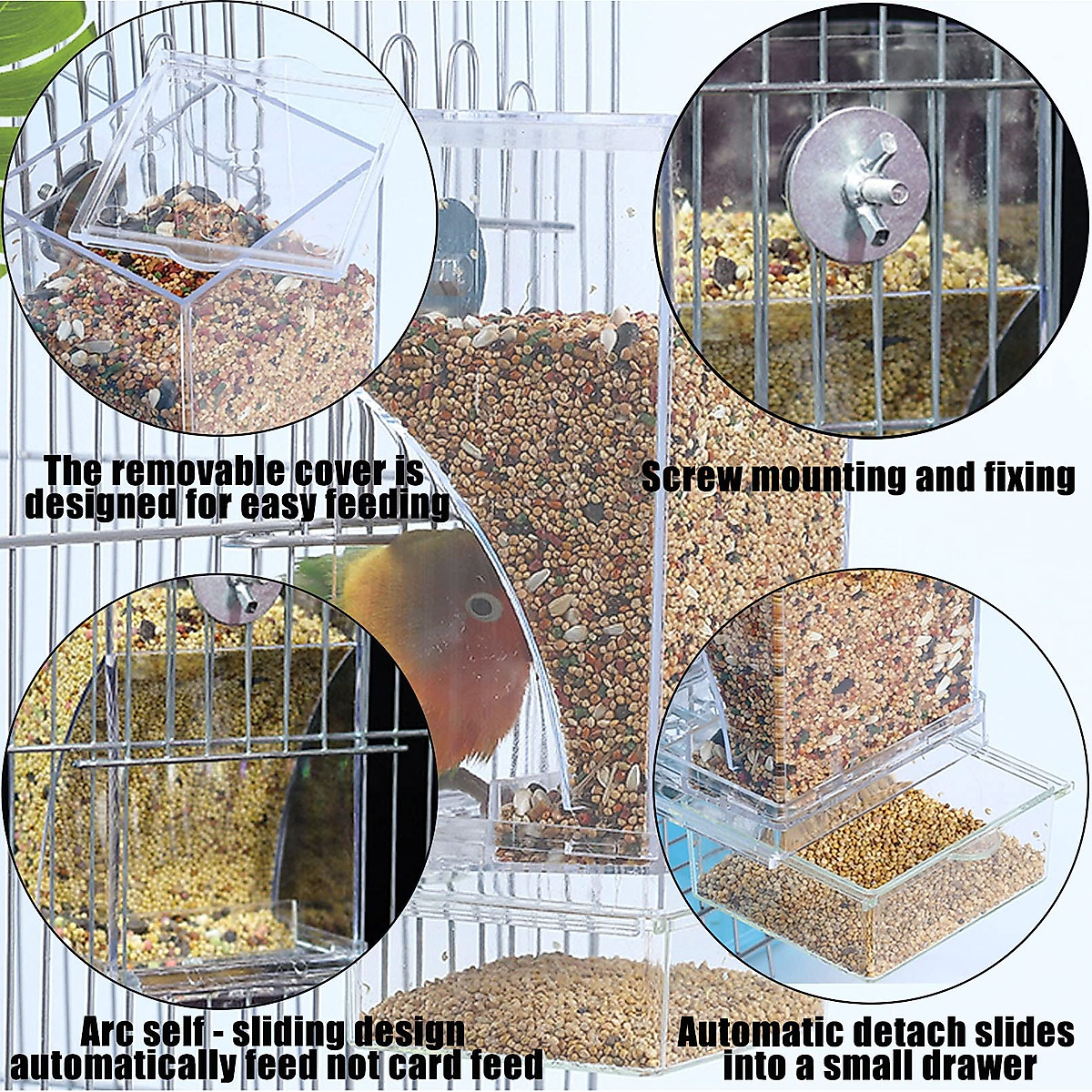 Hamiledyi No Mess Bird Cage Feeder Automatic Parrot Seed Feeders with Perch Acrylic Transparent Seed Food Container Cage Accessories for Small and Medium Parakeets Lovebirds