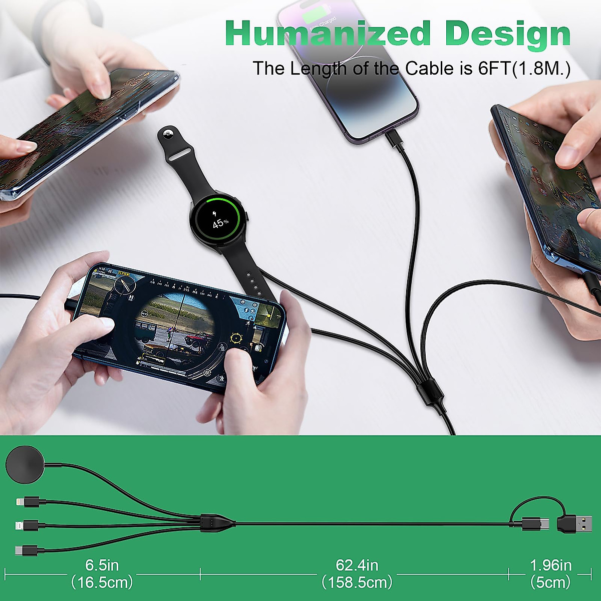 Quanlex 4 in 2 Watch Charger for Samsung Watch, USB-C, Micro USB and Lightning Cable, Galaxy Watch Charger for Samsung Galaxy Watch 3 4 5 Pro 4 Classic, Active 2 1, Galaxy S23/S22/S20, iPhone