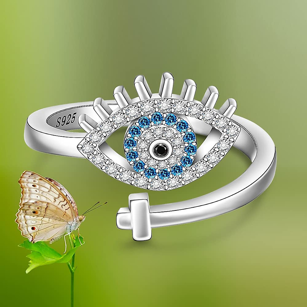 Cross Evil Eye Ring Sterling Silver Spiritual Turkish Third Evil Eye Cross Rings for Women Teen Greek Nazar Religious Adjustable Open Ring for Protection Size 9