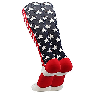 USA American Flag Stars and Stripes Over the Calf Socks (Navy/Red/White, Large) - Patriotic Knee High Socks for Softball, Baseball, Football, Soccer & More - Patriotic Sports Socks