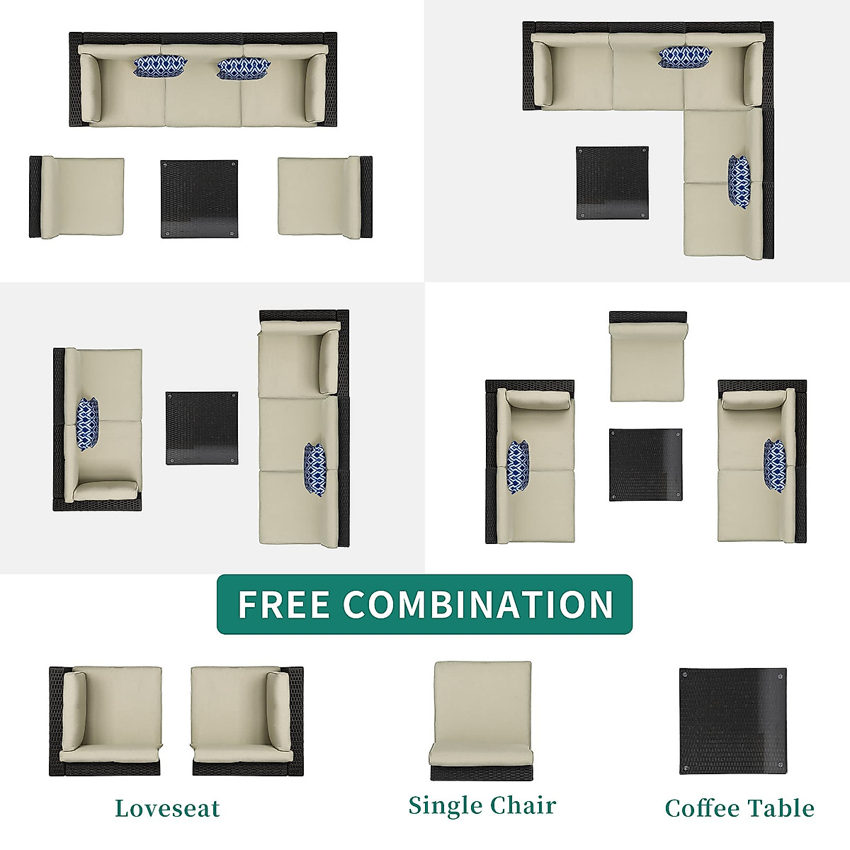 YITAHOME 6 Pieces Patio Furniture Set, Outdoor Sectional Sofa PE Wicker Conversation Set Outside Couch with Table for Porch Lawn Garden Backyard, Black