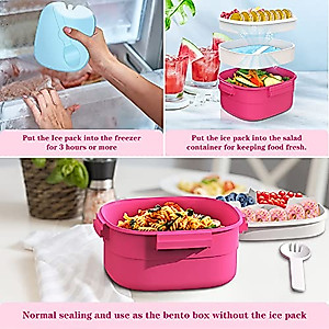 Stackable Salad Lunch Containers With Ice Pack, 1.3L Salad Bowls Bento Box Lunch Container with 4 Compartments Tray, 3oz Sauce Container for Dressings, Built-In Reusable Fork & BPA-Free (Pink)