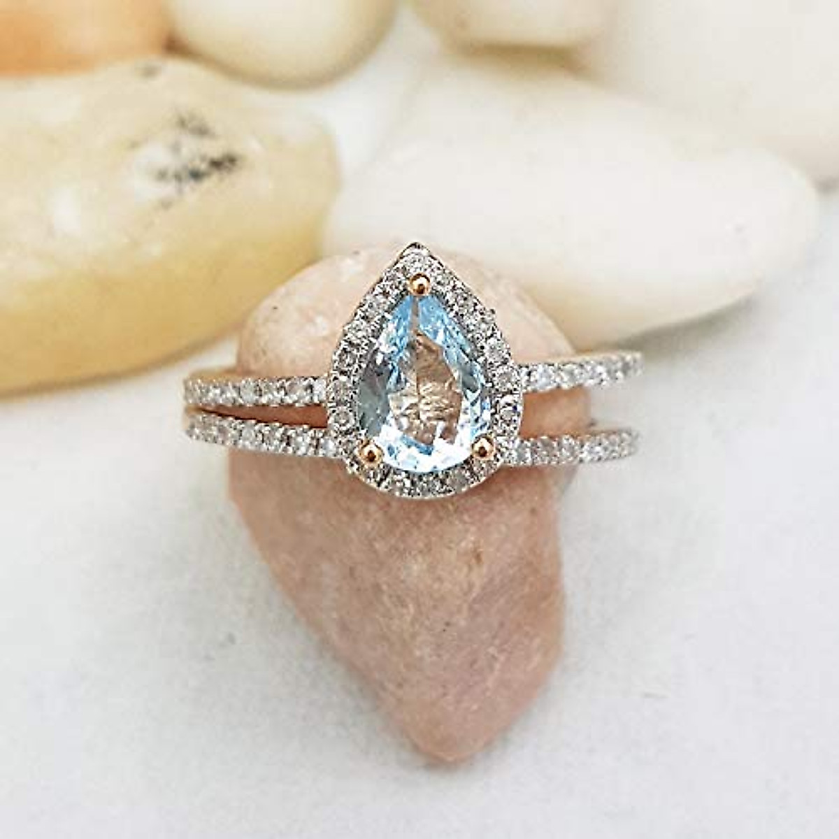 Dazzlingrock Collection 7X5 MM Pear Aquamarine & Round Diamond Ladies Teardrop Wedding Ring Set in 10K Rose Gold, Size 6