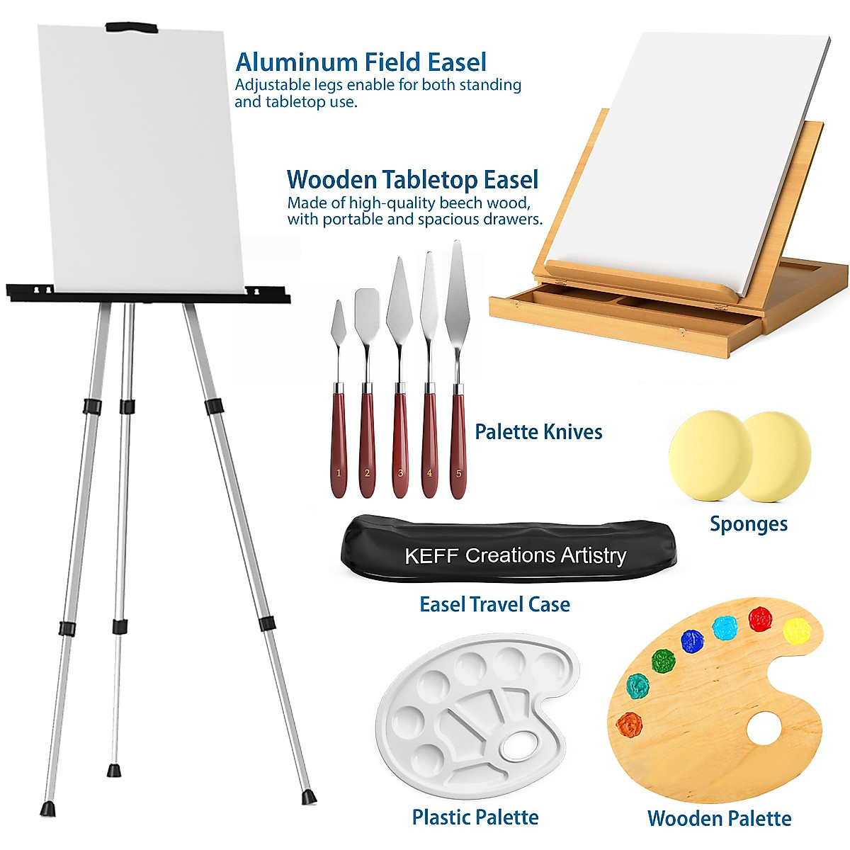 KEFF Large Super Deluxe Artists Painting Set - Professional Art Paint Kit Supplies for Adults and Kids with Acrylic, Watercolor & Oil Paints, Field & Table Easel, Canvases, Brushes and More
