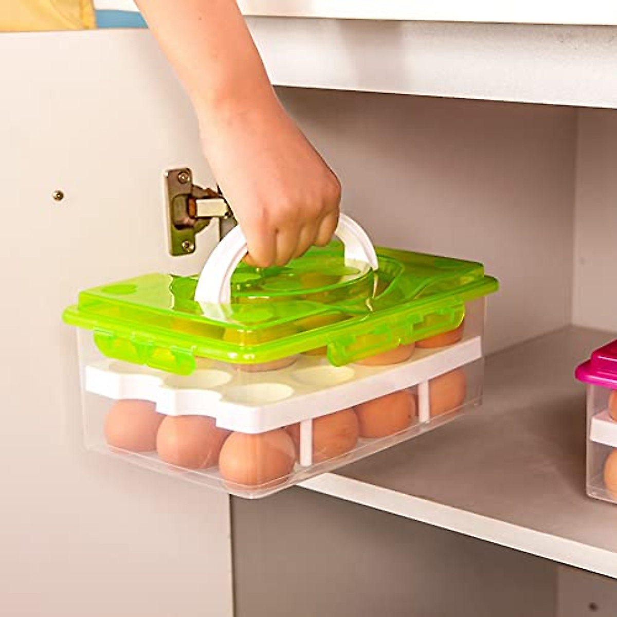 HOTUMN 2 Tiers Deviled Egg Containers with Lid & Holder Plastic Egg Holders Clear Egg Tray Egg Carrier Fridge Freezer Food Storage (Green) 24 eggs