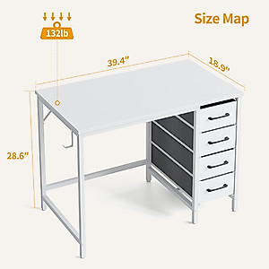 CubiCubi 40 Inch Computer Reversible Desk with 4 Storage Drawers, Small Home Office Kids Student Writing Study Work Table for Bedroom, White