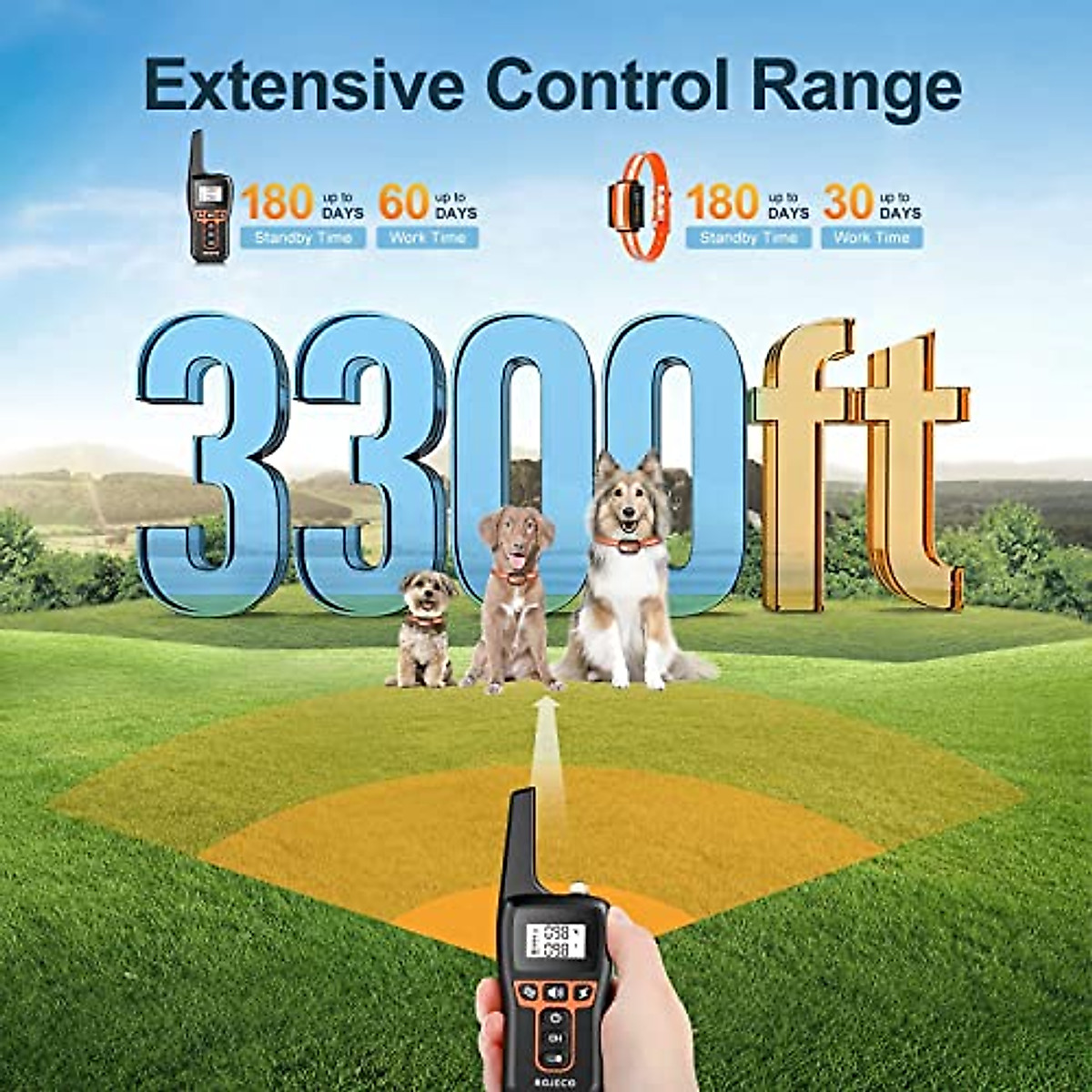 ROJECO Dog Training Collar with 3300FT Remote，IPX7 Waterproof Rechargeable Shock Collar for Large Medium Small Dog，3 Safe Training Modes with Beep，Vibration and Shock，Adjustable Electronic Dog Collar