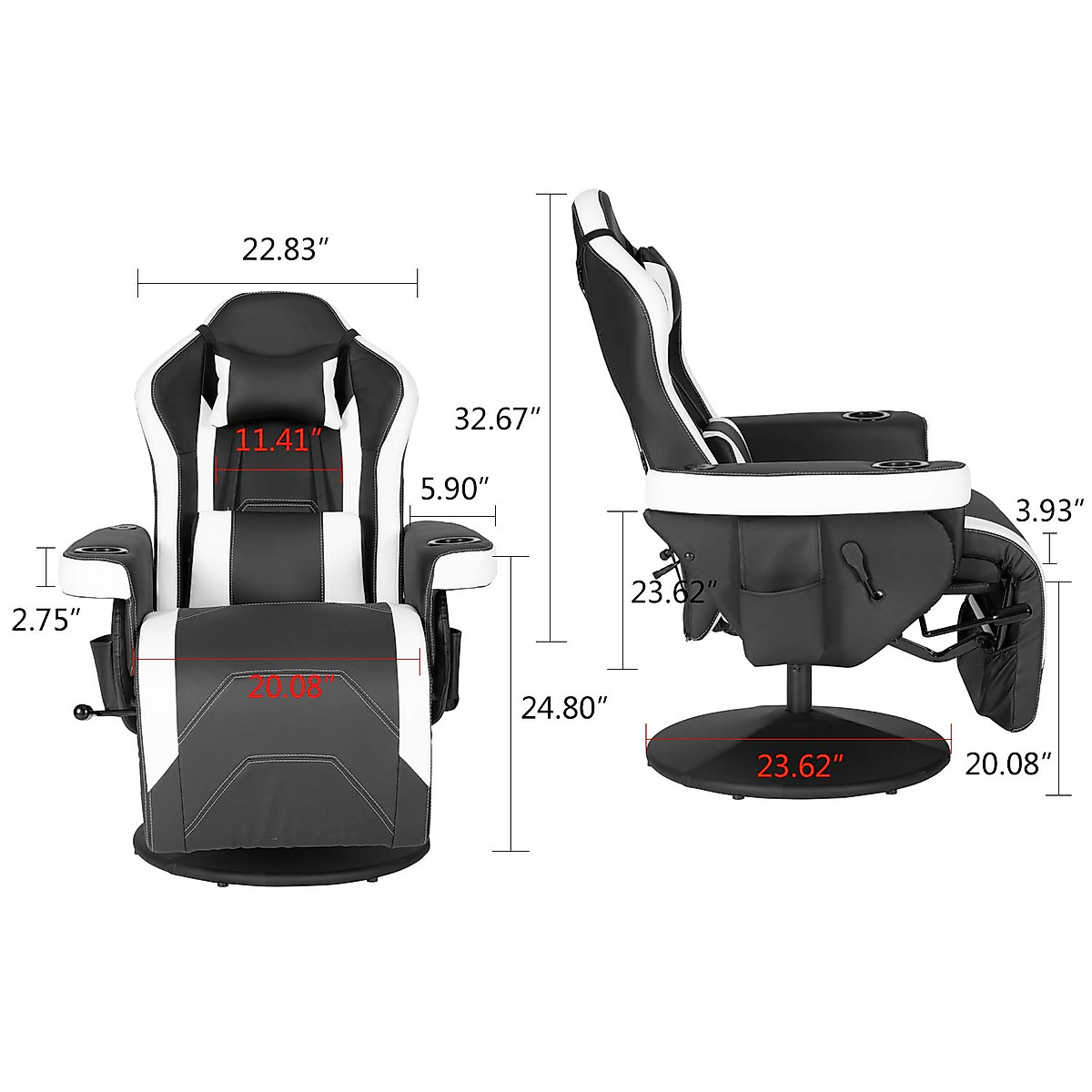 Massage Video Gaming Recliner Chair Ergonomic High Back Swivel Reclining Chair with Speakers, Cupholder, Headrest, Lumbar Support, Adjustable Backrest and Footrest, Black White