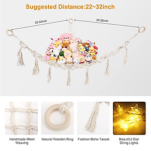 Stuffed Animal Hammock, 41inch Hand-Woven Toy Hammock Boho Tassel Macrame with Star Light String Corner Hanging Organizer Storage Plush Toys Net Holder for Nursery Play Room Kids Bedroom Decoration