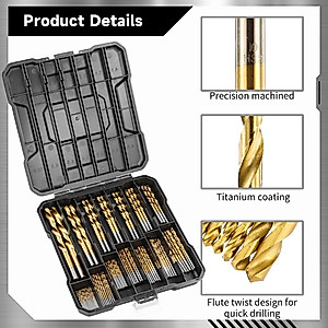 Twist Drill Bit Set, 99 Pcs Titanium-Coated Twist Drill Bits in 14 Sizes 0.06’’-0.39’’D, Heavy-Duty HSS Drill Bit Kit for Aluminum, Copper, Wood, Plastic, with Storage Case