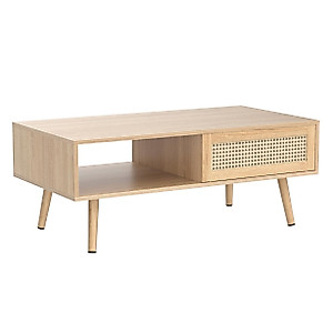 Tansole Natural Oak Modern Coffee Table, Rectangular with Storage, Rattan Woven Design, Living Room Center Table, 41.34x21.65x16.34 inches, 36.3 pounds