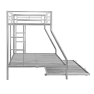 NCKMYB Metal Bunk Bed with Trundle for 3 Twin Over Full Bunk Bed with 2 Ladders, for Kids Teens Adults, Space-Saving Design, Silver