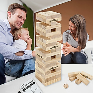 WIn SPORTS Giant Tumbling Timbers - Yard Games Large Wooden Tumble Tower Blocks Stacking Yard Game, with 1 Dice Set &Stacks to Over 5 FT,Made from Premium Pine (7.5"x2.5"x1.5", 54 PCS)