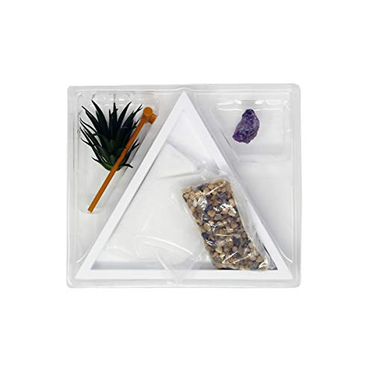 Nature's Mark Mini Zen Garden Kit for Desk with Rake, White Sand, White Triangle Base, Crystal Rock, Mini River Rocks and Air Plant, (7Lx6W Triangle W)