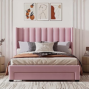 Queen Size Platform Bed Frame with Upholstered Headboard & Storage Drawer, Sturdy Wooden Slats Support / No Box Spring Required / Easy to Assembly for Bedroom Small Living Space Boys Girls Adults Room