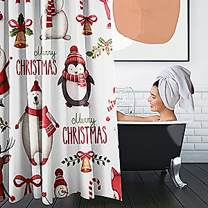 Britimes 4 Piece Shower Curtain Sets with 12 Hooks, Christmas Santa Claus Penguin with Non-Slip Rugs, Toilet Lid Cover and Bath Mat, Durable and Waterproof, for Bathroom Decor Set, 72" x 72"
