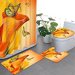 LyerArtork 4 Pieces Calla Lily and Butterfly Shower Curtain Set with Non-Slip Rug Toilet Lid Cover and Bath Mat Orange Valentines Day Bathroom Decor with Hooks Spring Flower Floral Bathtub Curtain