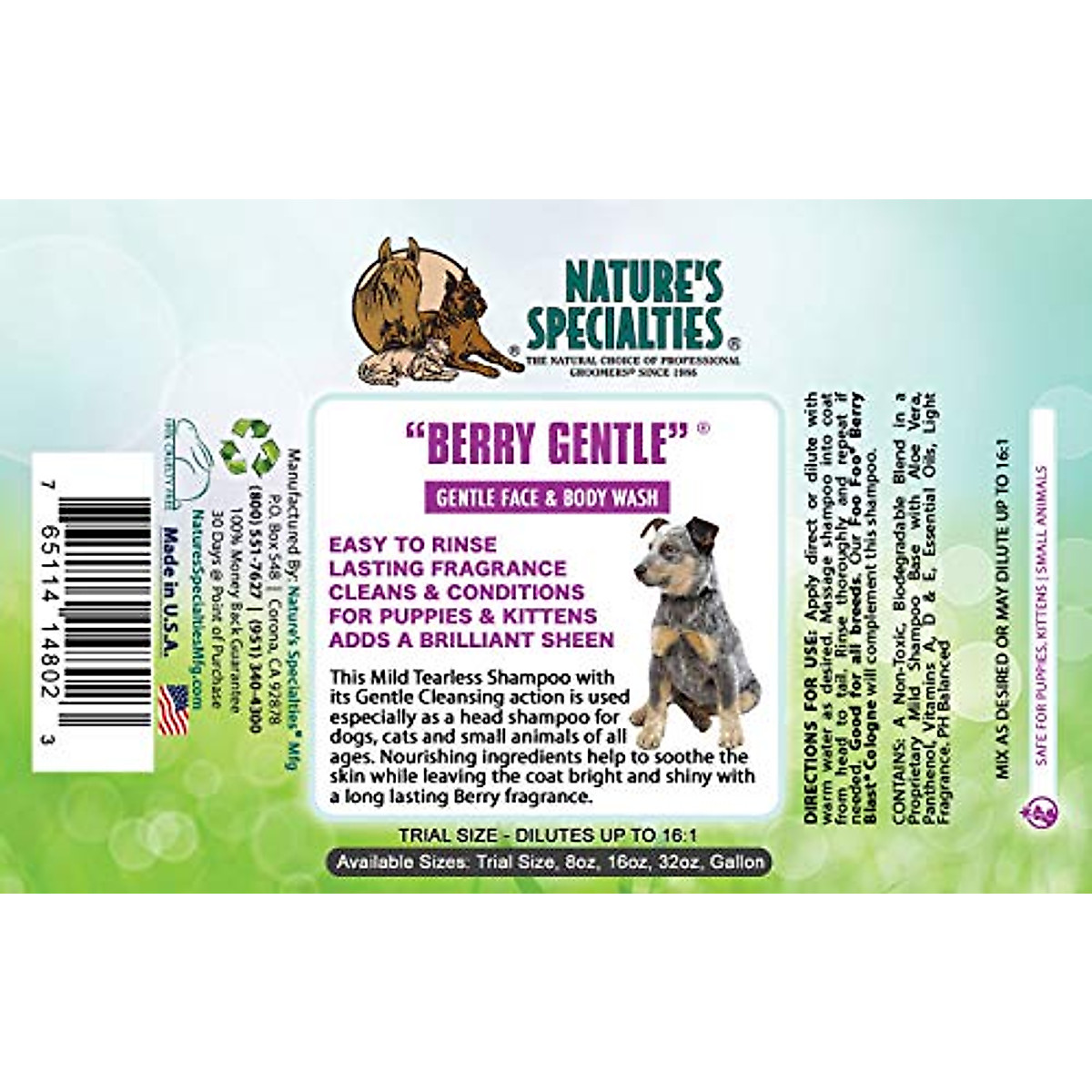 Nature's Specialties Berry Gentle Ultra Concentrated Face and Body Wash for Pets, Makes up to 4 Gallons, Natural Choice for Professional Groomers, Gently Cleanses The Skin and Coat, Made in USA, 32 oz