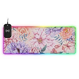 VKPSCHJ Wireless Charging Mouse Pad Watercolor Chrysanthemum Peony Rose RGB Gaming Mouse Mat 15W Fast Charging, Extra Large Computer Keyboard Mat with Non-Slip Rubber Base for Mobile Phone,PC, Lapto