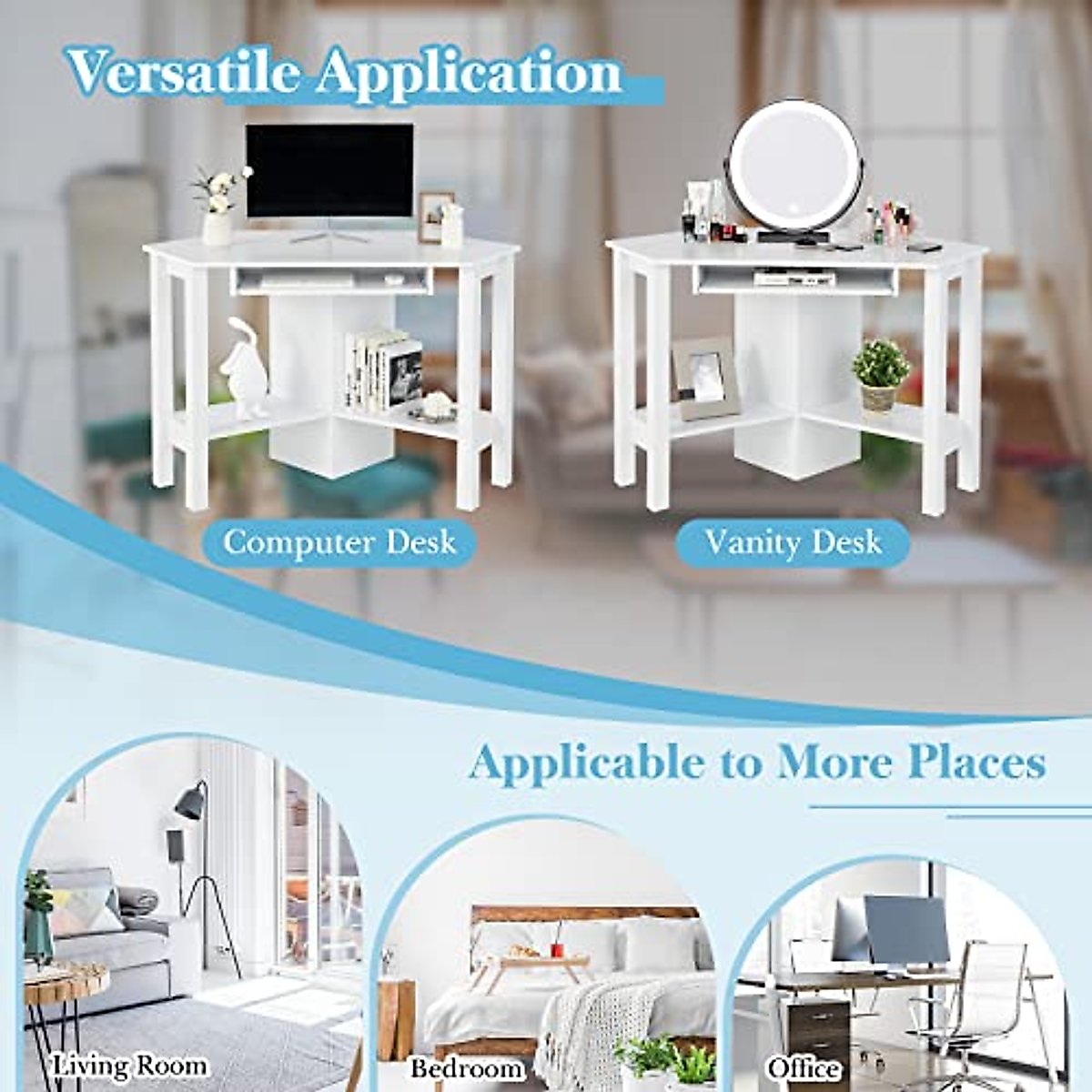 Tangkula Corner Desk with Keyboard Tray, Triangle Corner Computer Desk for Small Space, Bedroom Corner Makeup Vanity Desk with Storage Shelves, Space Saving Corner Writing Desk