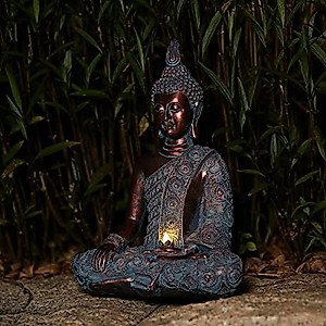 CHRUI Solar Outdoor Buddha Statue, 13 Inch Antique Thai Shakyamuni Sitting Statue Resin- Home & Outdoor Decor for Garden, Patio, Deck, Porch - Yard Art Decoration