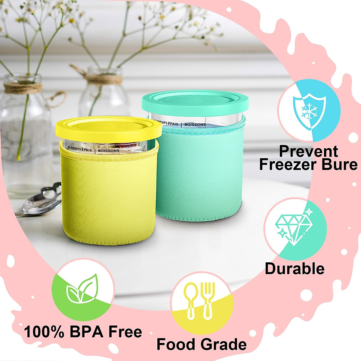 Containers Replacement for Ninja Creami Pints and Lids, 16oz Ice Cream Cups Compatible with Ninja Creami NC500 NC501 Series Ice Cream Maker, for Creami Ninja Ice Cream with Insulated Sleeves(2 Pack)