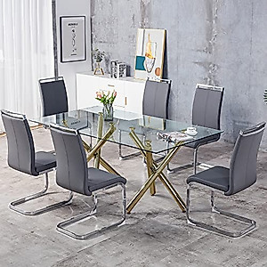 Ebullient Glass Dining Table,63 in 4-6 Person Home Dining Table Large Size Kitchen and Dining Room Table with Tempered Glass top and Gold Metal Legs, Modern Rectangular Dining Table……