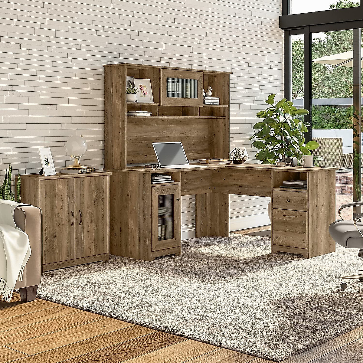 Bush Furniture Cabot L Shaped Desk with Hutch and Small Storage Cabinet with Doors in Reclaimed Pine