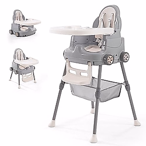 Baby High Chair,Adjustable Convertible 3 in 1 Baby High Chairs Baby Toddlers Feeding Chair Booster,5-Point Harness,Removable Tray&PU Cushion (Gray)
