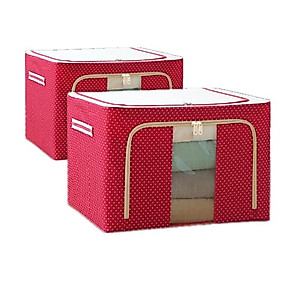 Storage Bins for Clothes - 2 PCS Collapsible Storage Bins LARGE 100L Foldable Closet Organizer Boxes 24"L x 17"W x 16"H Blanket Clothing Storage Bags with Zipper Window Large Capacity Storage Containers for Clothes 100L RED POINTS