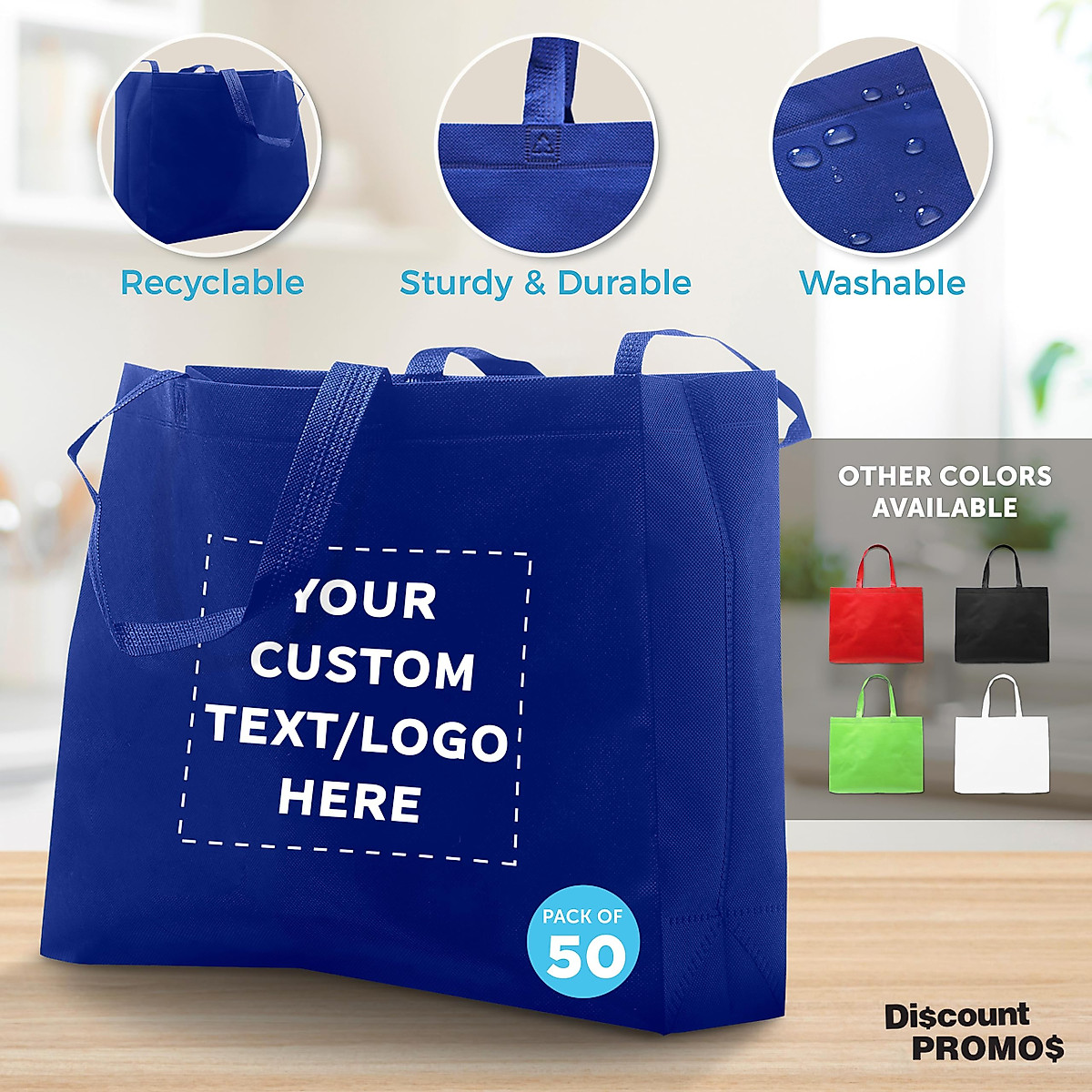 DISCOUNT PROMOS Custom Jumbo Sized Tote Bags Set of 50, Personalized Bulk Pack - Reusable Grocery Bags, Shopping Bags, Promotional Item Totes for Women - Blue