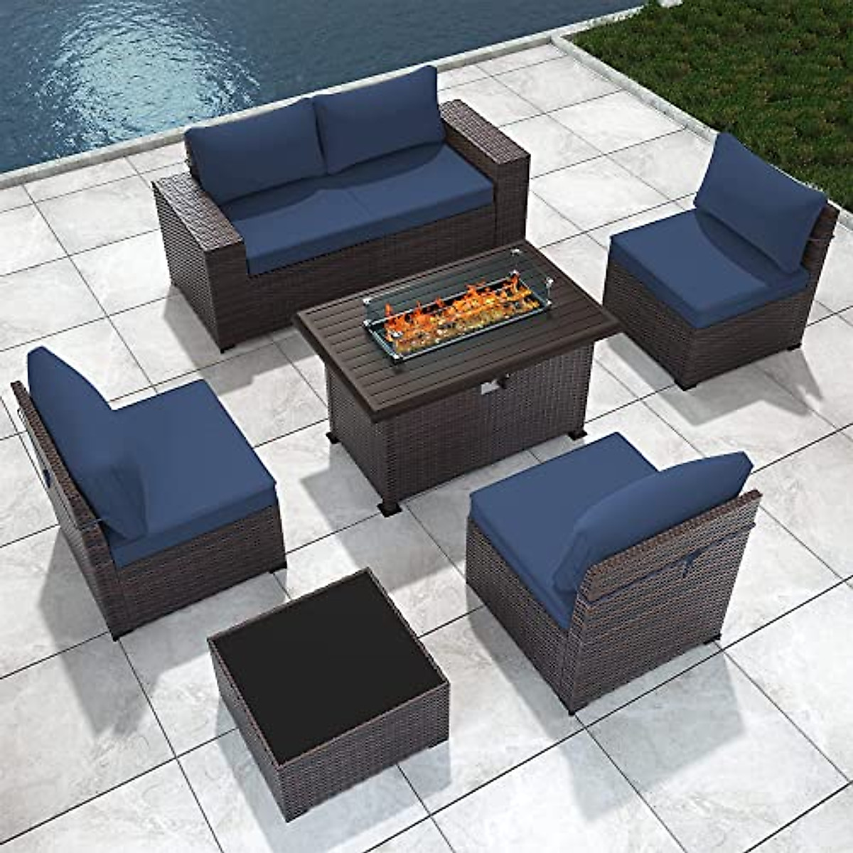 ASJMR Outdoor Patio Furniture Set with Gas Fire Pit Table, 7 Pieces Patio Furniture Set Outdoor Sectional Sofa w/43in Propane Fire Pit, PE Wicker Rattan Patio Conversation Set - Dark Blue