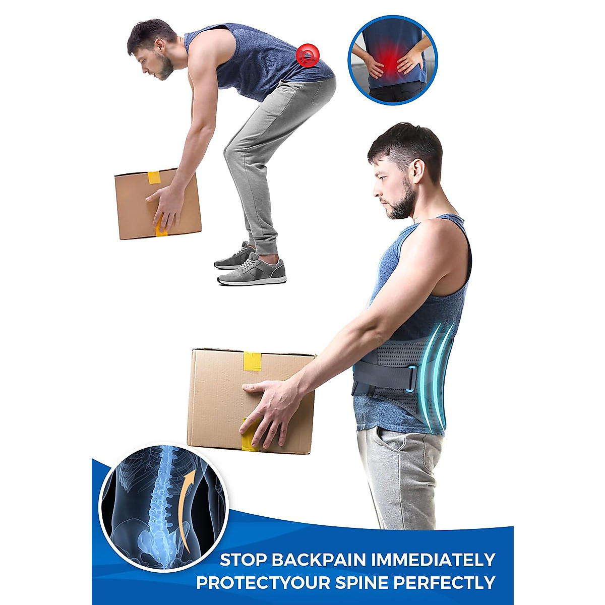 Back Brace for Lower Back Pain,Back Support W/Lumbar Pad for Men Women Herniated Disc,Sciatica,Scoliosis,Waist Pain Relief Lumbar Support Belt for heavy lifting(Gray/Blue,S/M Fit Belly 23.5"-29.5")
