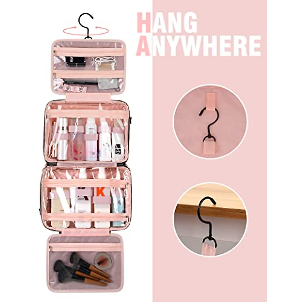 heouvo Hanging Travel Toiletry Bag for Women with Jewelry Organizer, Large Toiletry Bag with Shoulder Strap/Trolley Belt for Full Sized Toiletries and Cosmetics Shampoo Makeup (Black)