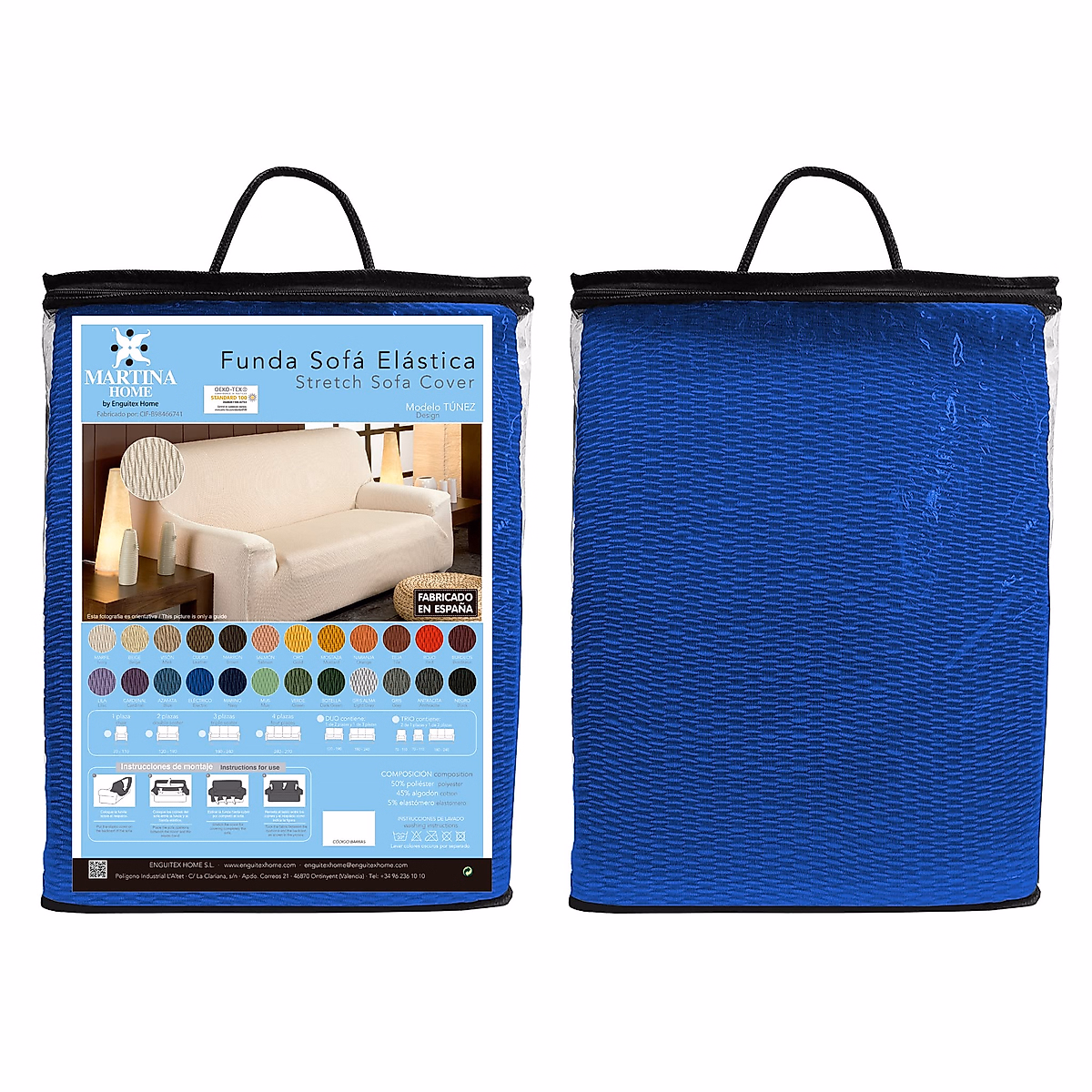 Martina Home - Elastic Cover for 4 Seater Sofa, Model TUNEZ, Color Blue Electric, Measure from 240 to 270 cm