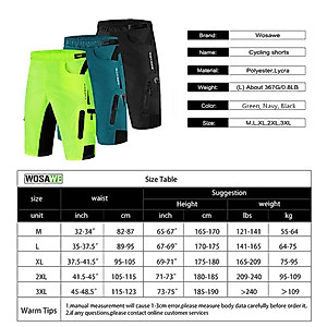 WOSAWE Mens Padded Cycling Shorts Loose-Fit Breathable Mountain Bike 2 in 1 Shorts, Blue XXL